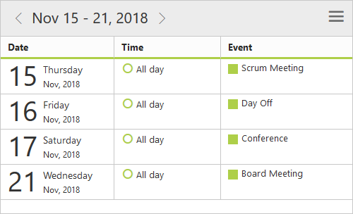 ASP NET Web Forms Scheduler - Agenda view 