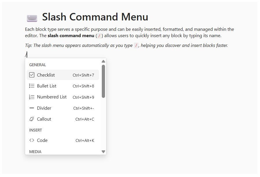 JavaScript Block editor with command menu