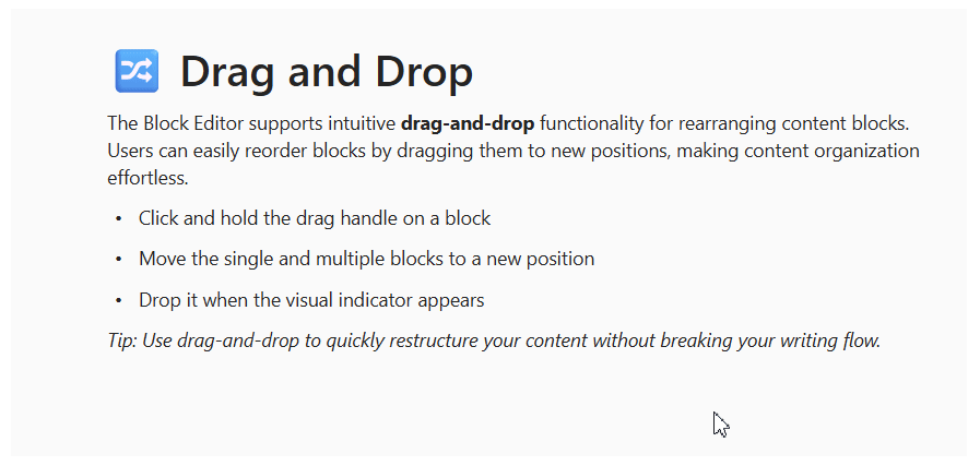 JavaScript Block editor with drag and drop
