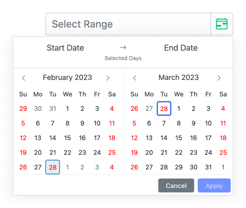 React Date Range Picker Pop up Material Calendar Syncfusion